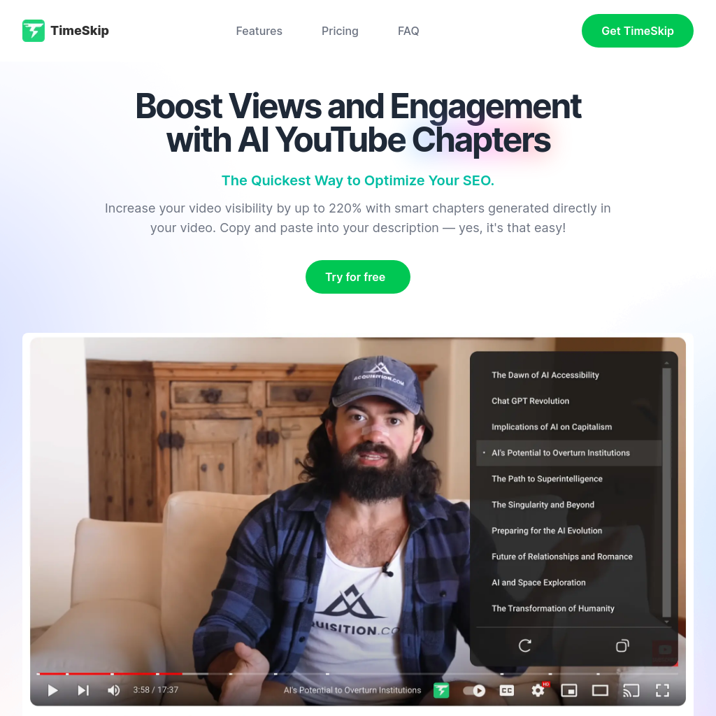 TimeSkip - Boost Views and Engagement with AI YouTube Chapters! | AIStage